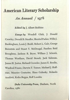"American Literary Scholarship: An Annual 1978" by J. Albert Robbins ...